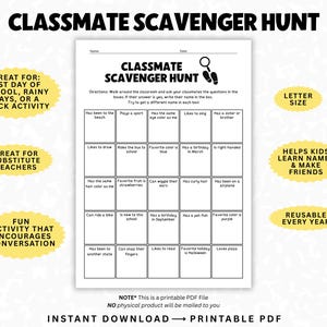 Classmate Scavenger Hunt Printable, Icebreaker Classroom Activity, Back ...