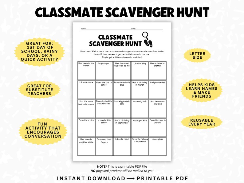 Classmate Scavenger Hunt Printable, Icebreaker Classroom Activity, Back ...