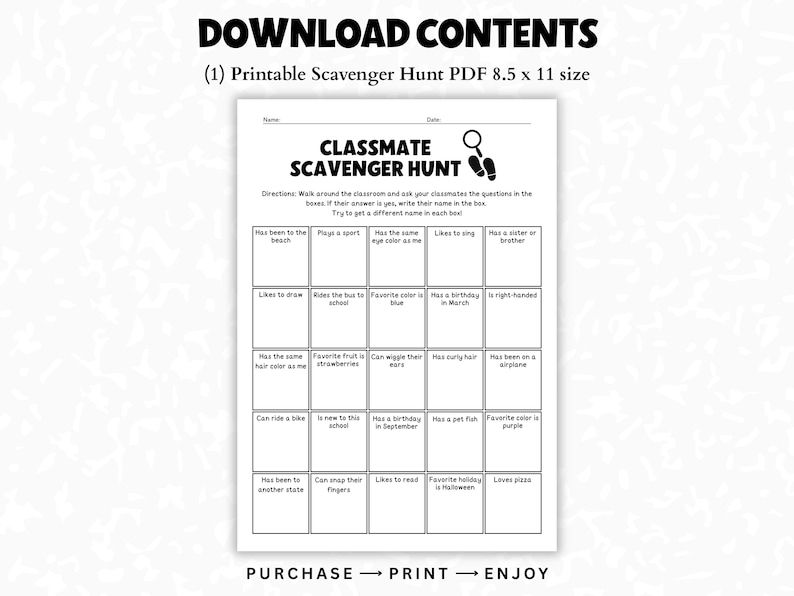 Classmate Scavenger Hunt Printable, Icebreaker Classroom Activity, Back ...