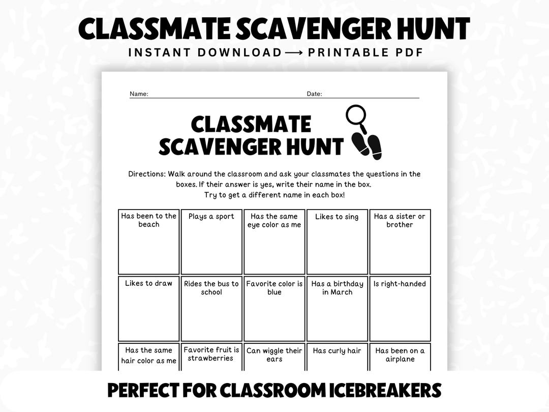 Classmate Scavenger Hunt Printable, Icebreaker Classroom Activity, Back ...