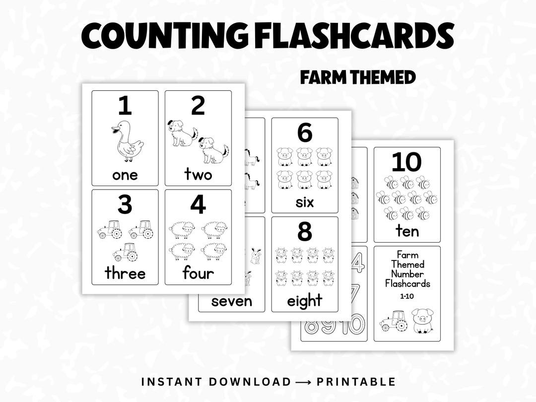 Farm Animal Number Flashcards 1–10, Preschool & Toddler Counting ...