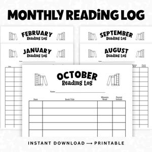 Printable Reading Log Bundle Jan–dec, Kids Monthly Reading Tracker ...