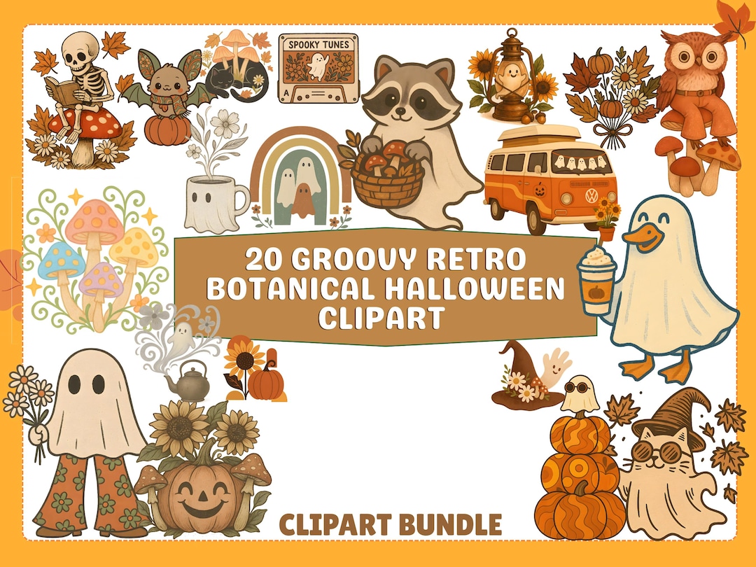Groovy Retro Halloween Clipart Bundle, Autumn Art Graphics, Botanical ...