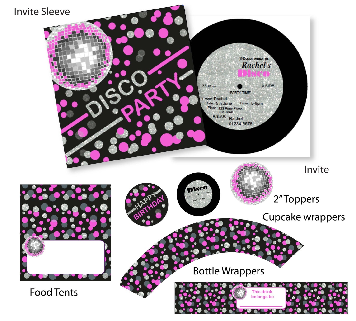 Disco Party Birthday DIY Printable Kit Sliver & Pink - Etsy