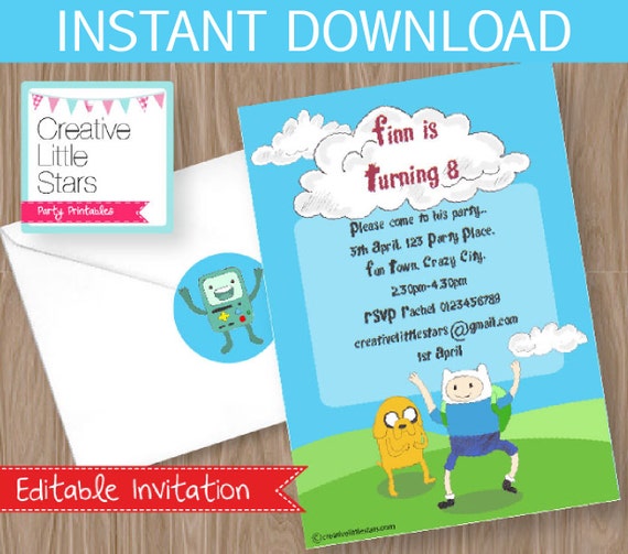 Adventure Time Invitation DIY Printable Kit - INSTANT DOWNLOAD ...