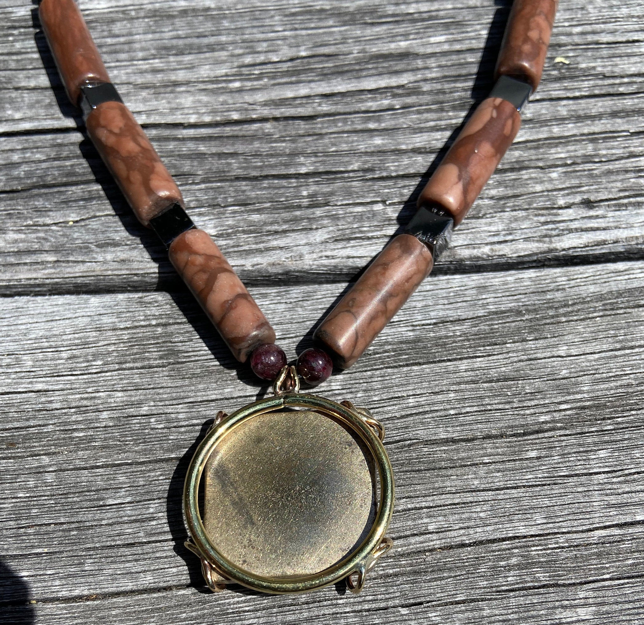 Polished Akan Ashanti Brass Gold Weight Necklace With Jasper & Hematite ...