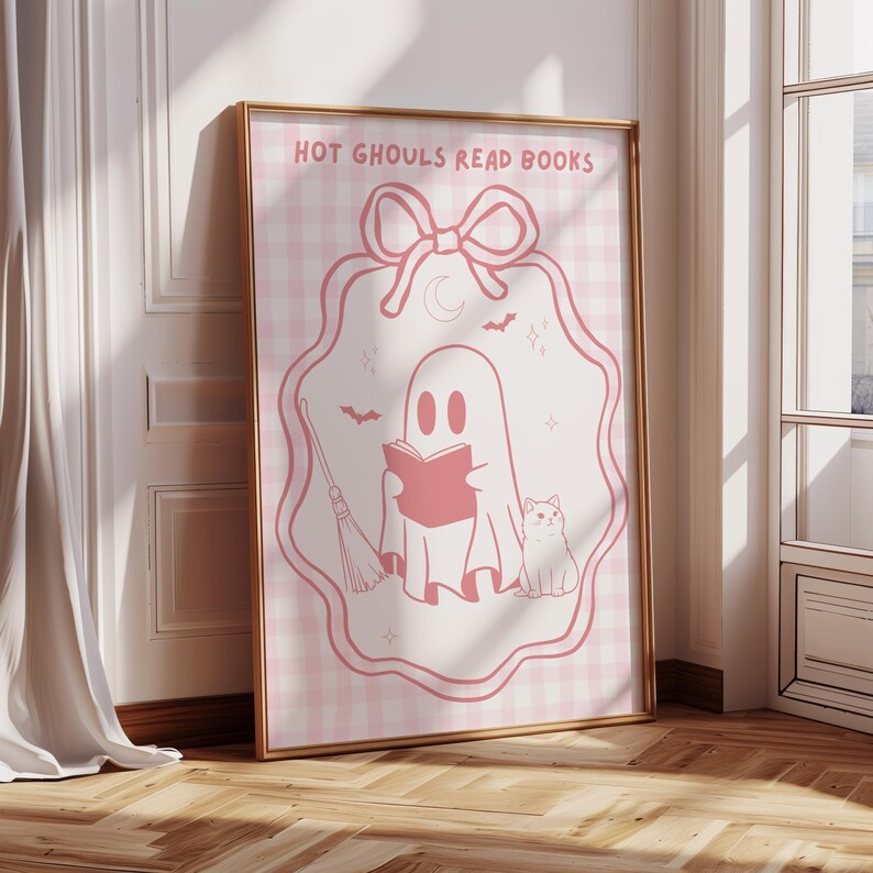 Ghost Reading Book Halloween Poster: Pink Coquette Witchy Decor ...