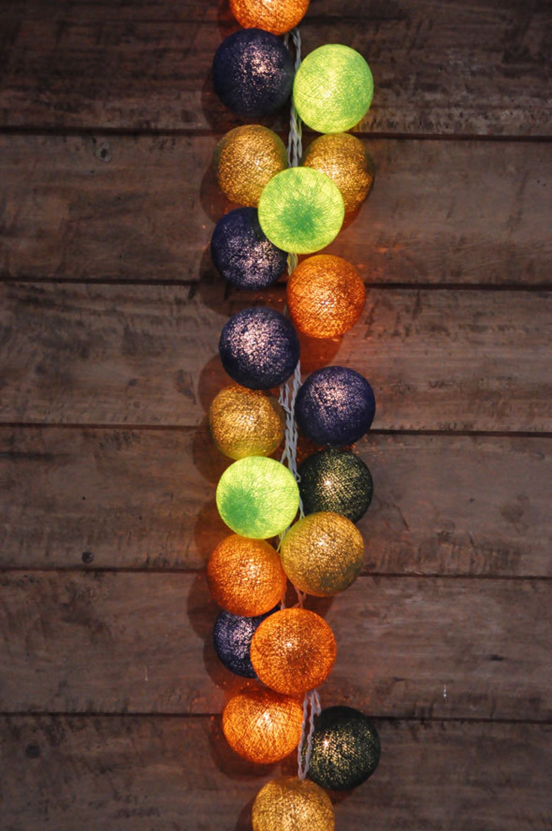 35 Bulbs Retro Mixed Brown, Blue & Green Cotton Ball String Lights for ...