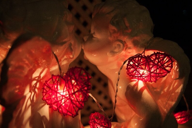 Red Love Valentine Rattan Heart string lights for | Etsy
