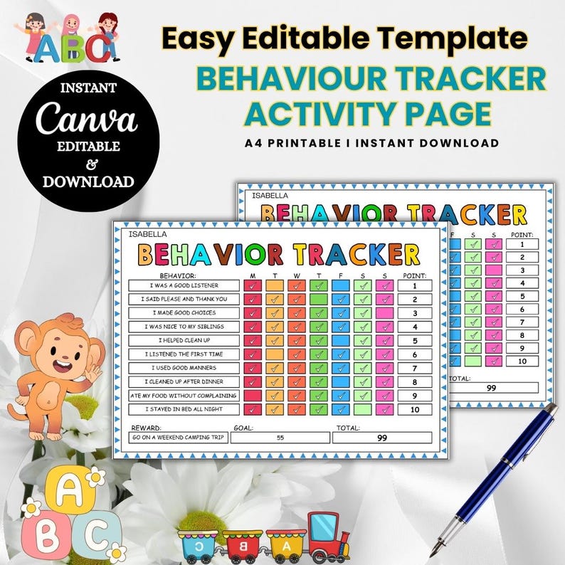 Editable Kids Behavior Tracker Chart: Printable Reward Chart Canva ...