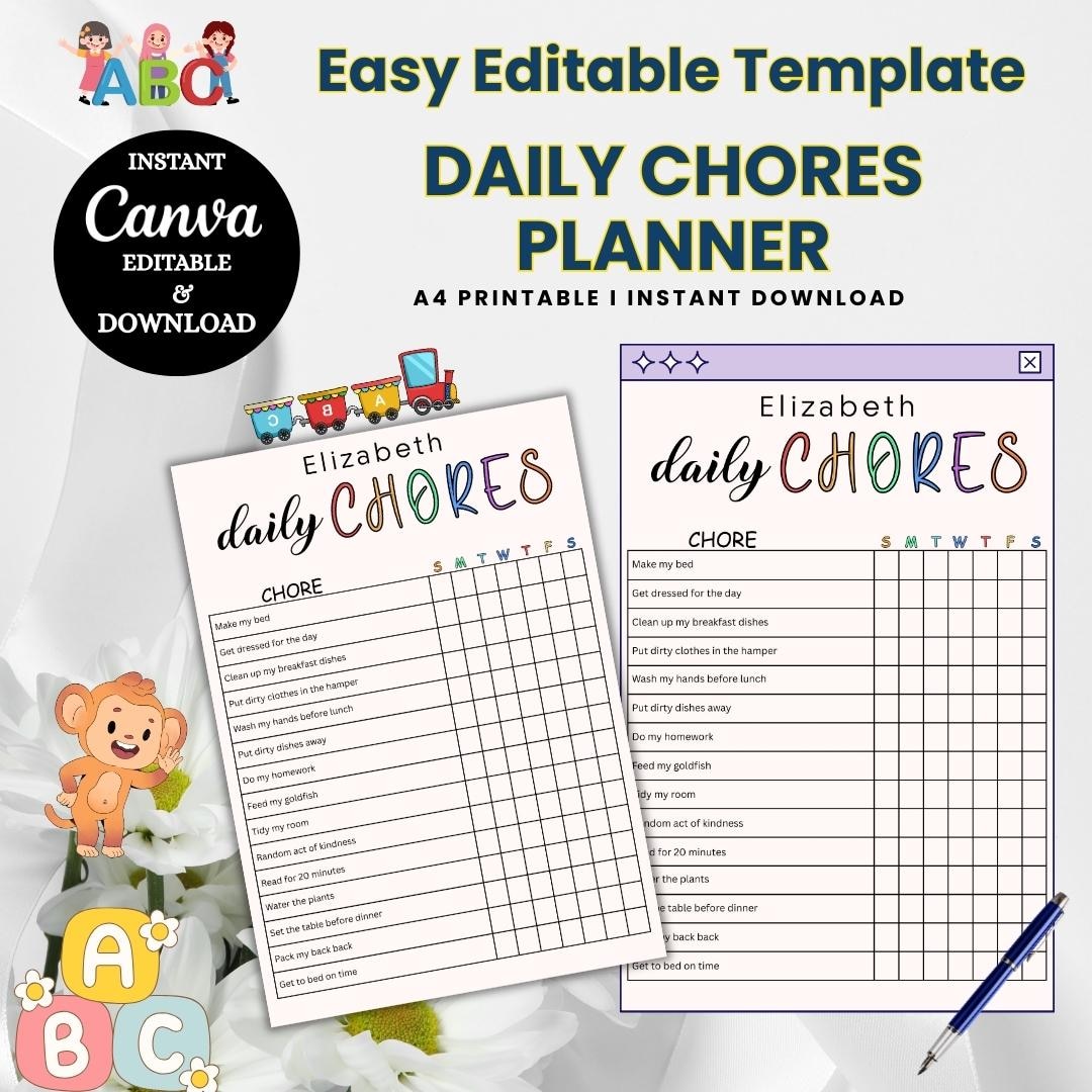 Editable Kids Chore Chart, Printable Daily Routine Checklist,weekly ...
