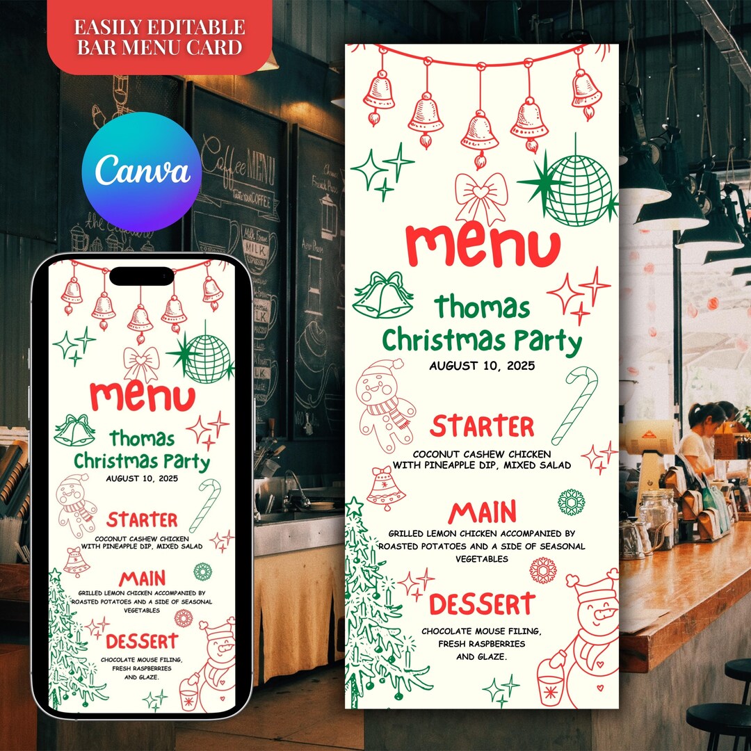 Editable Christmas Menu Template, Printable Xmas Party Menu (digital ...