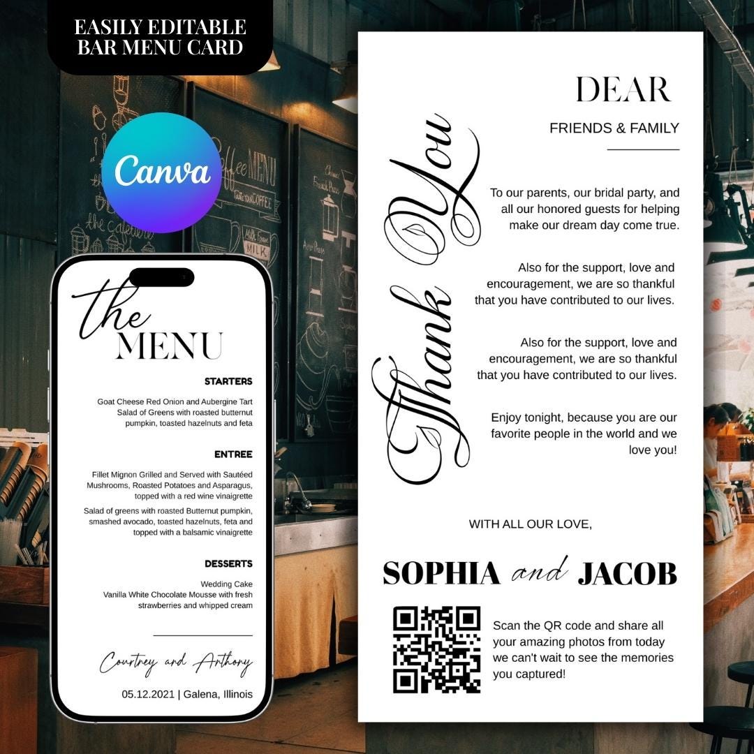 Wedding Menu and Thank You Card Set, Editable Minimalist Dinner Menu ...