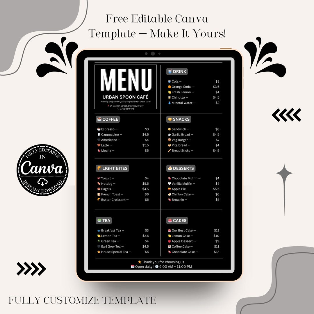 Editable Restaurant Menu Template Canva, Modern Black Cafe Menu Board ...