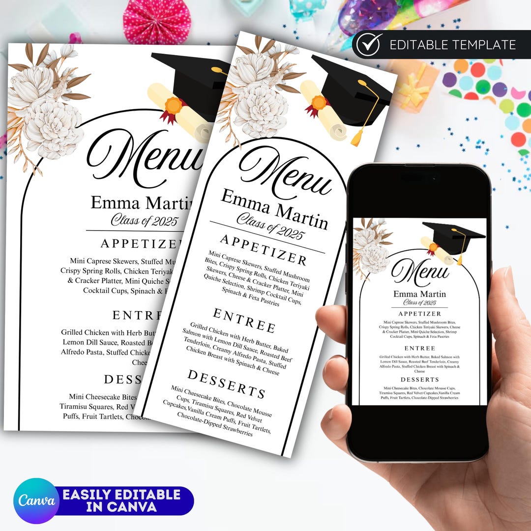 Editable Graduation Menu Template, Editable Class of 2025 Dinner Party ...