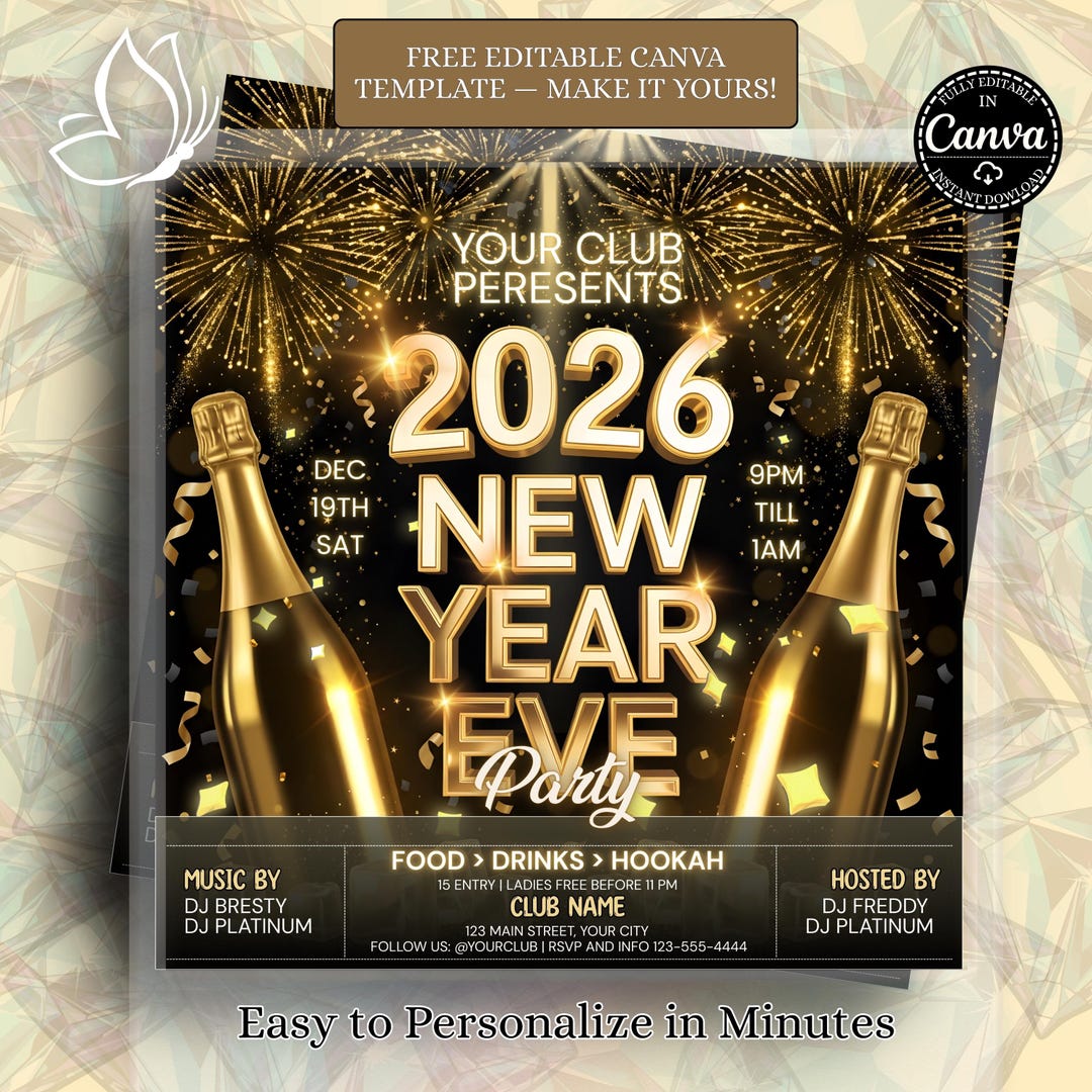 Editable New Year Eve Party Flyer 2026, Night Club Lounge Event ...