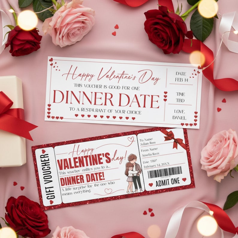 Editable Valentines Dinner Date Voucher Canva Template Bundle Printable ...