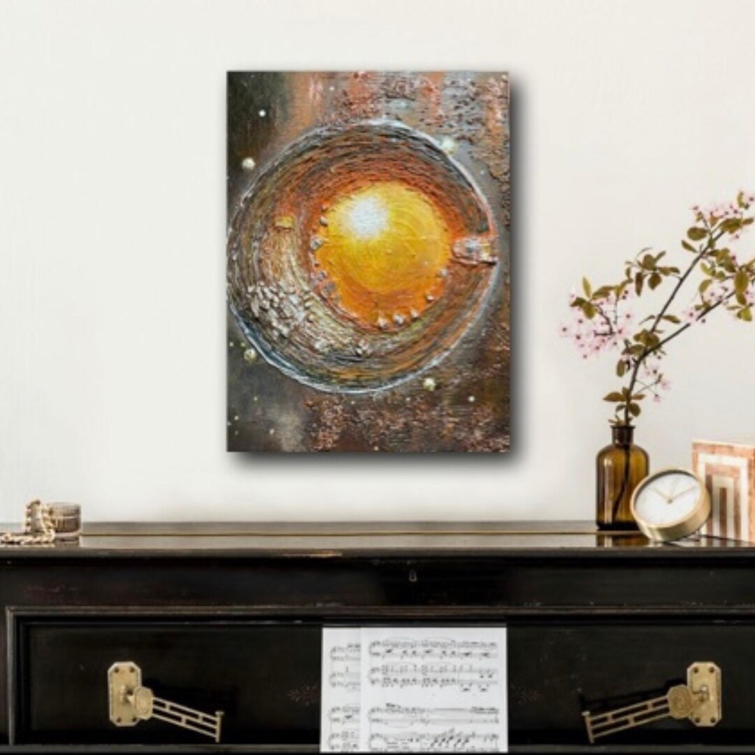 Abstract Sun Circle Wall Art Print, Textured Acrylic Painting, Golden ...