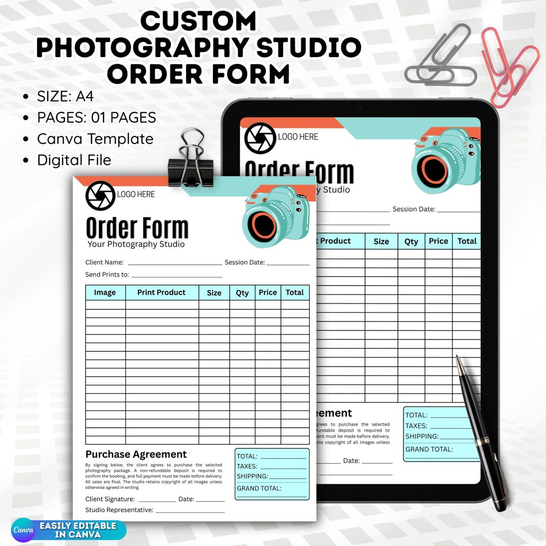 Photography Studio Order Form Template, Editable Pricing Guide Sheet ...