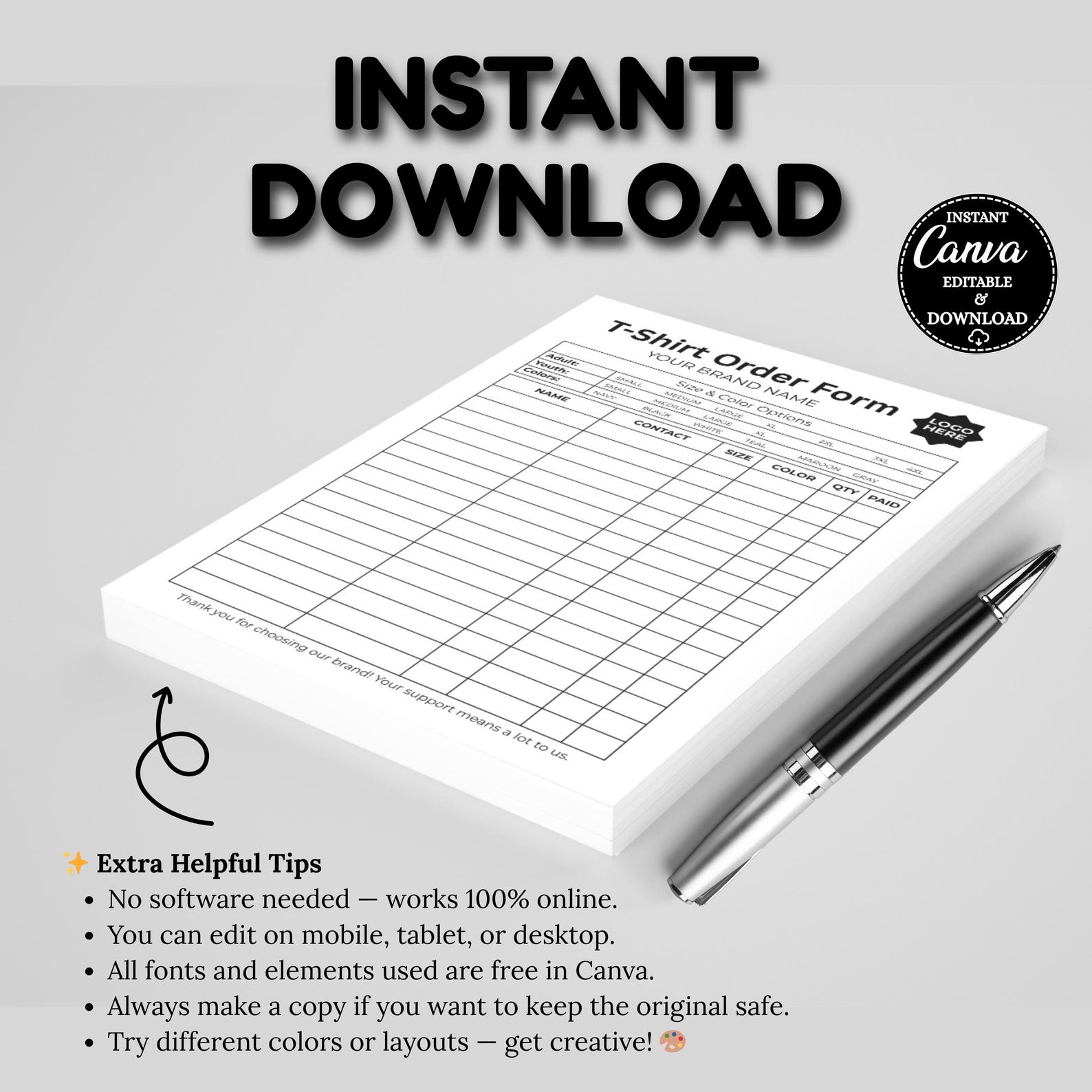 Customizable T-shirt Order Form Template, Editable Printable PDF for ...