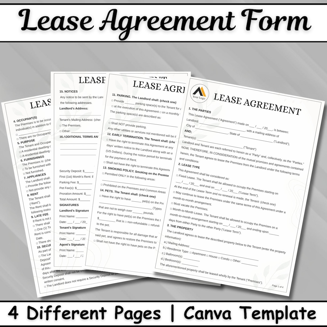 Editable Rental Agreement Canva Template, Residential Lease Contract ...