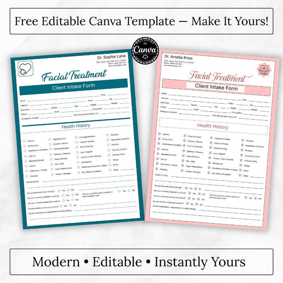 Editable Facial Treatment Client Intake Form Canva Template, Skincare ...
