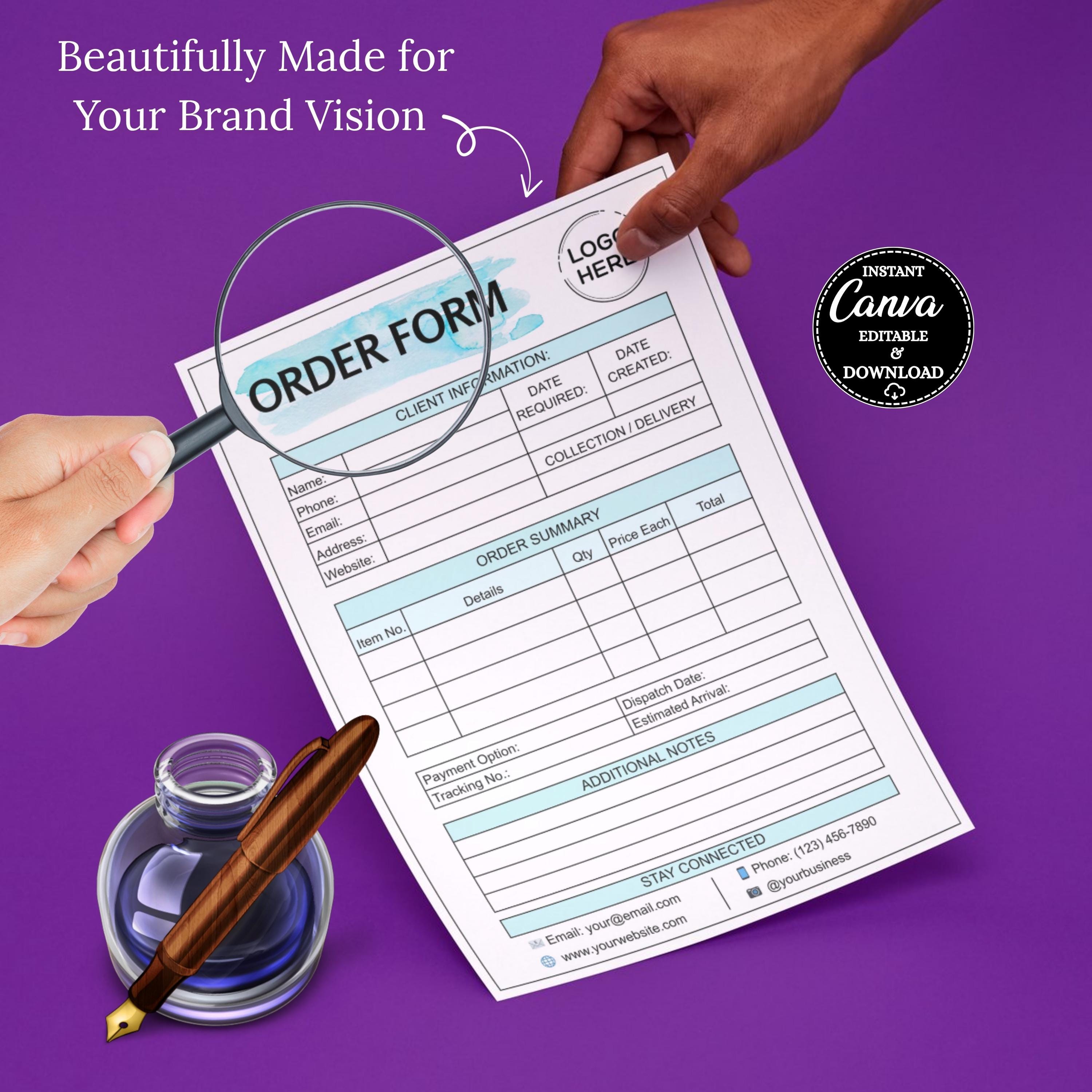 Editable Order Form Template: Printable Fillable Invoice & Receipt for ...