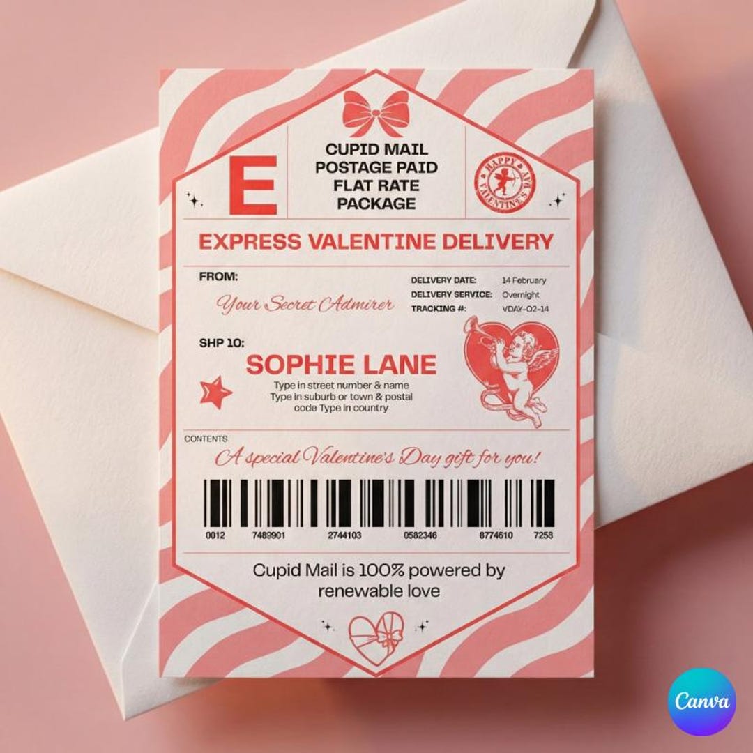 Valentine Shipping Label Template, Editable Canva Cupid Mail Delivery ...