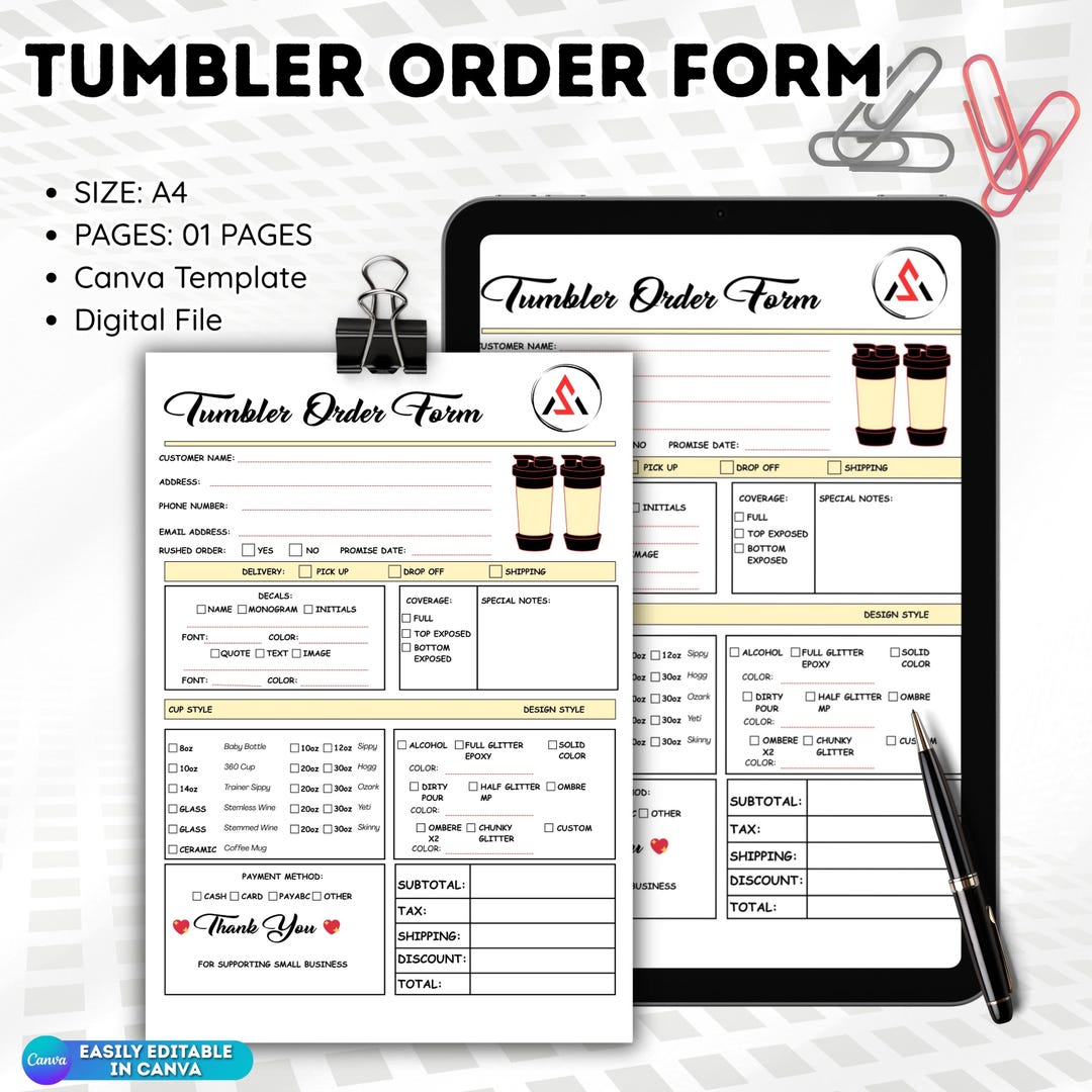 Editable Tumbler Order Form Template, Printable Small Business Canva ...