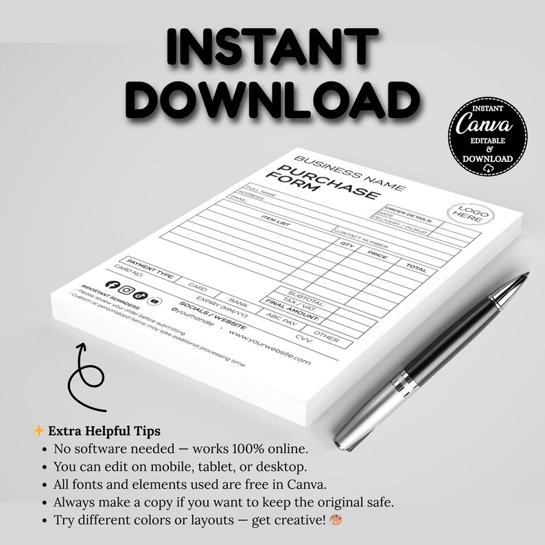 Editable Purchase Order Form: Printable Custom Sales & Receipt Order ...