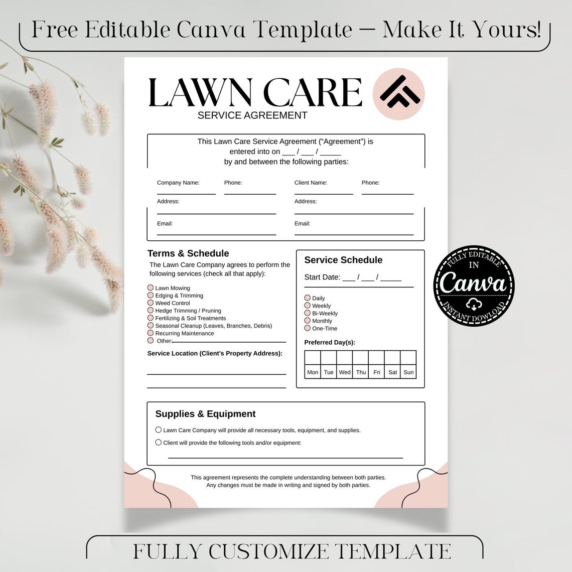 Editable Lawn Care Contract Template Canva, Landscaping Service ...