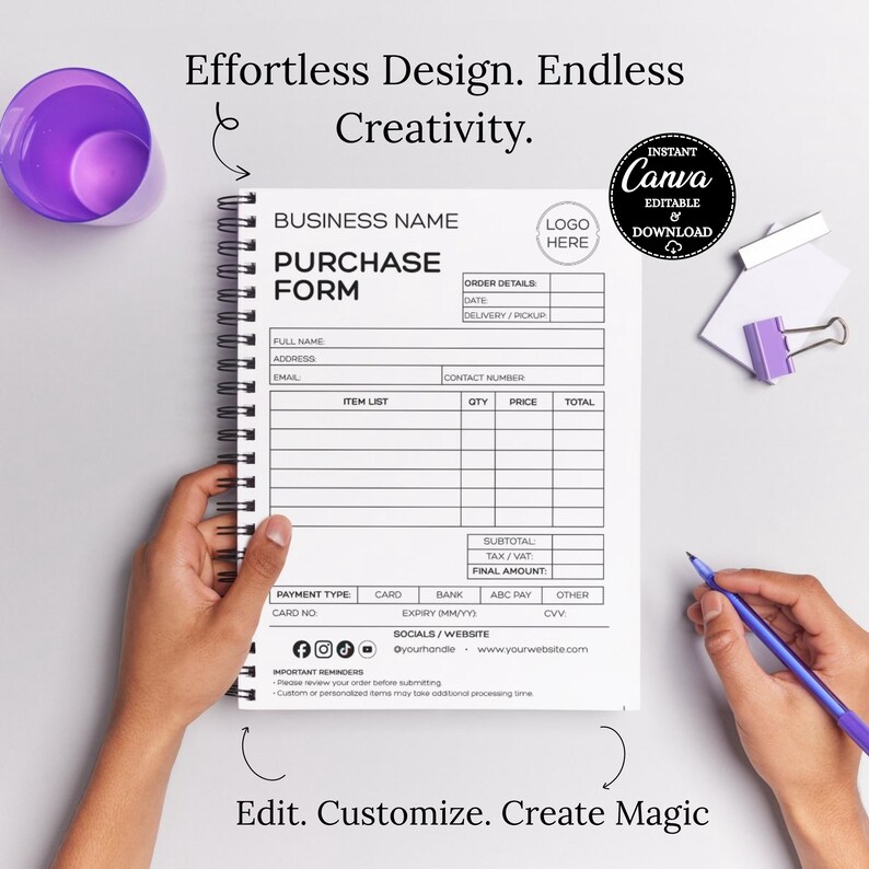 Editable Purchase Order Form: Printable Custom Sales & Receipt Order ...