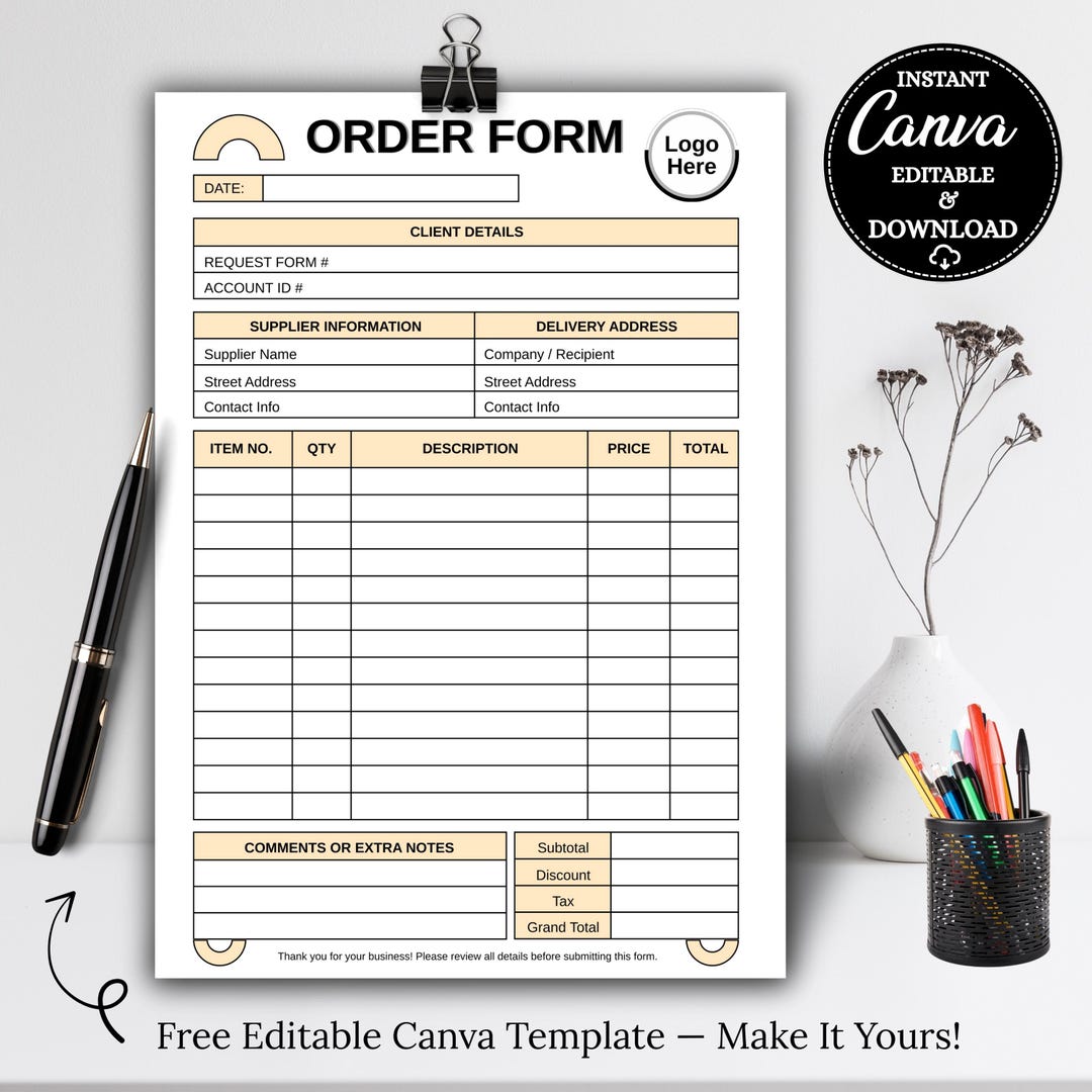 Fillable Order Form Template for Small Business: Editable Canva Design ...