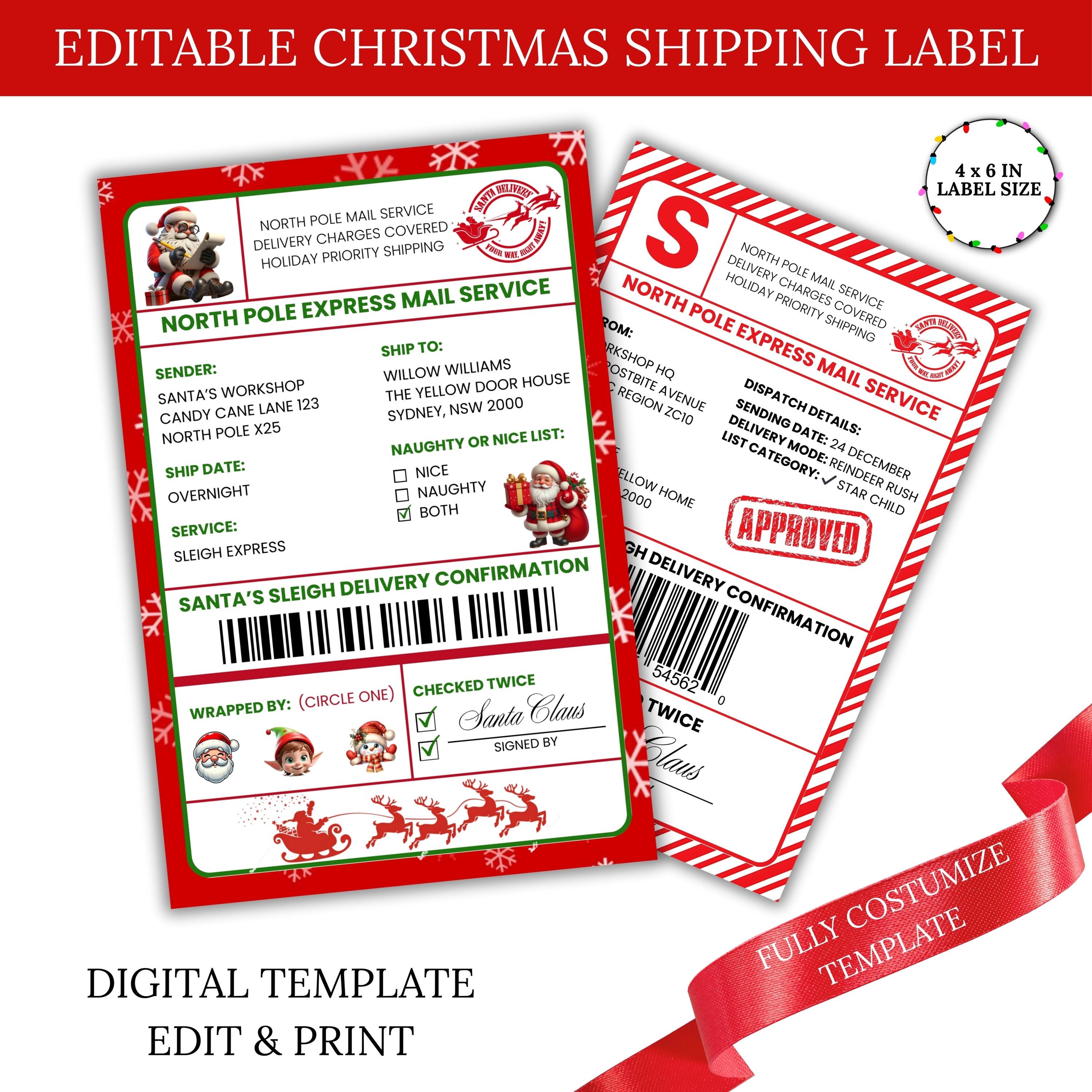 Santa Shipping Label Template, Editable Elf Mail Tags, North Pole ...