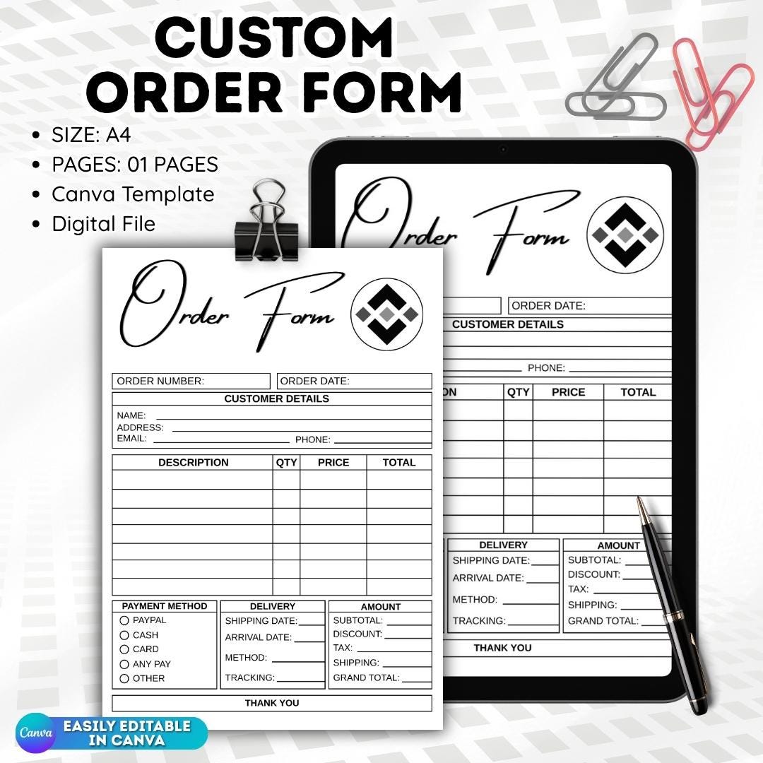 Editable Order Form Template, Printable Small Business Form, Custom ...