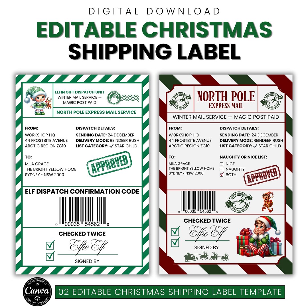 Editable Santa Mail Label Canva Template, Thermal Christmas Shipping ...