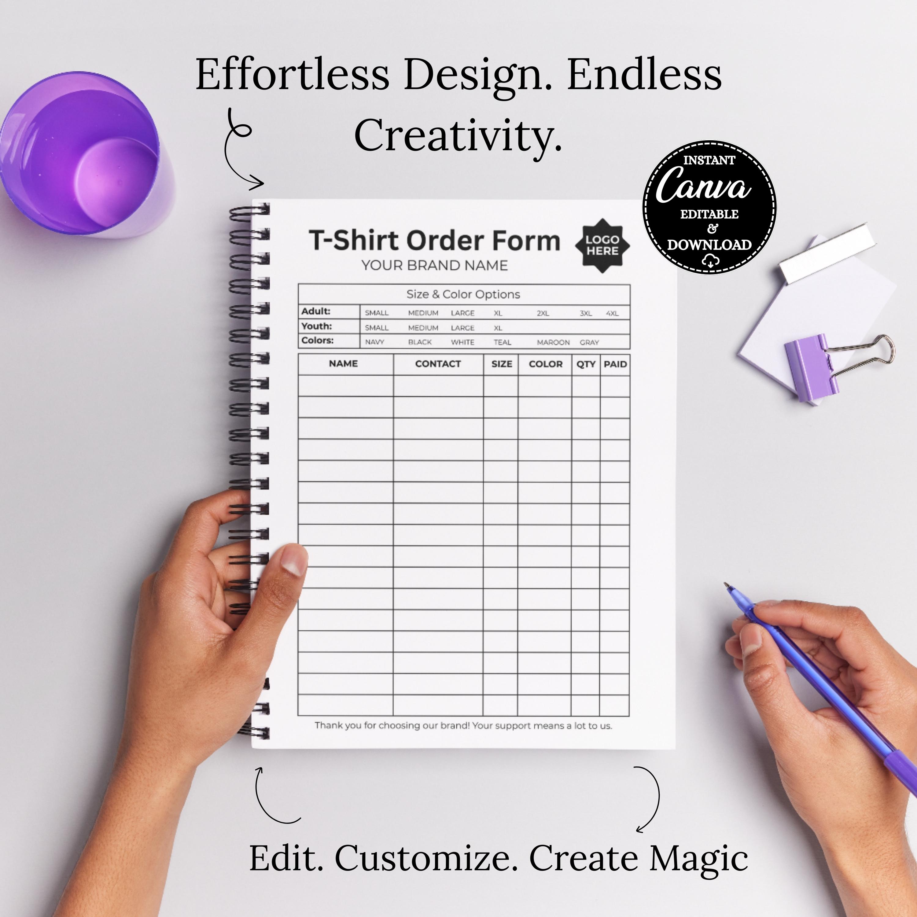 Customizable T-shirt Order Form Template, Editable Printable PDF for ...