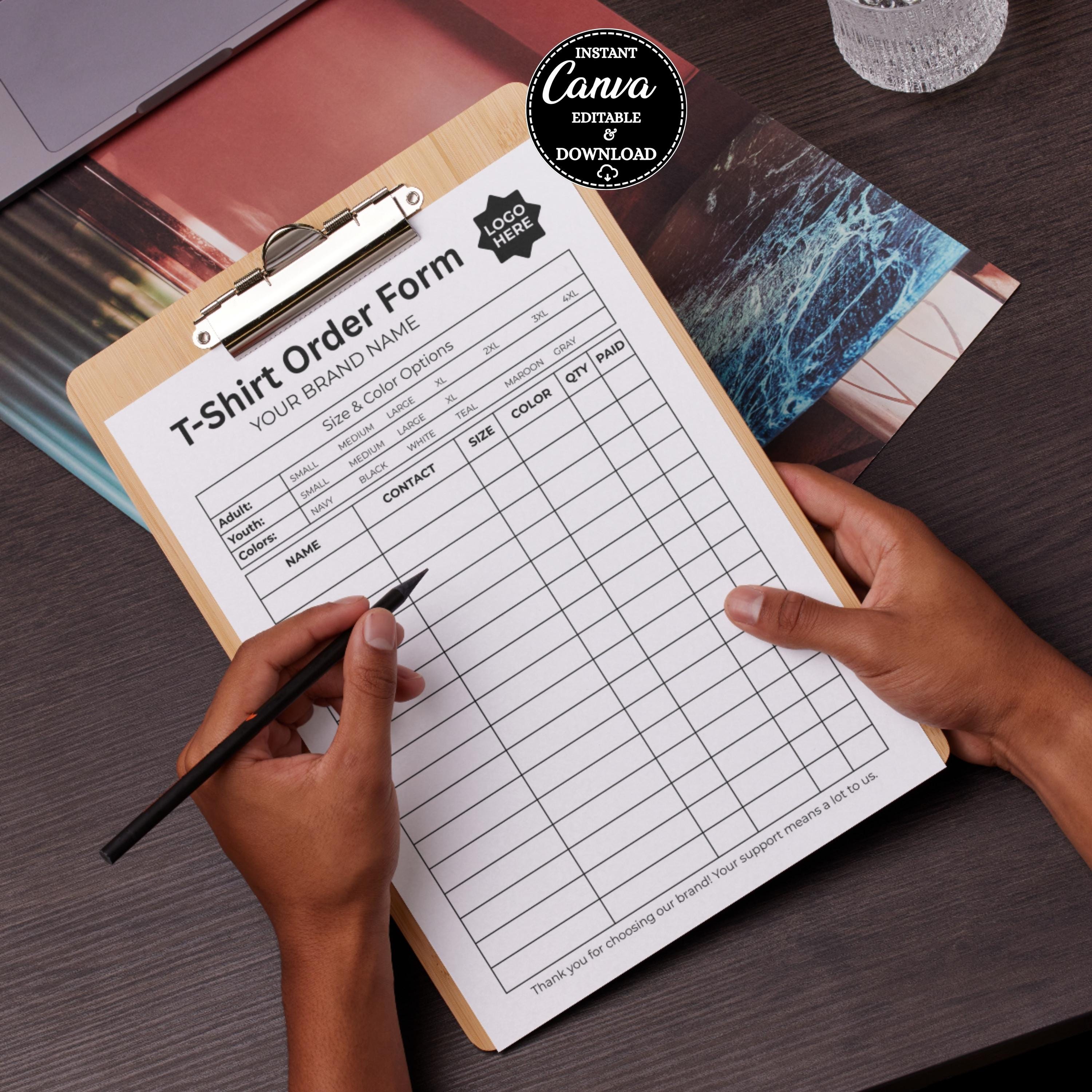 Customizable T-shirt Order Form Template, Editable Printable PDF for ...