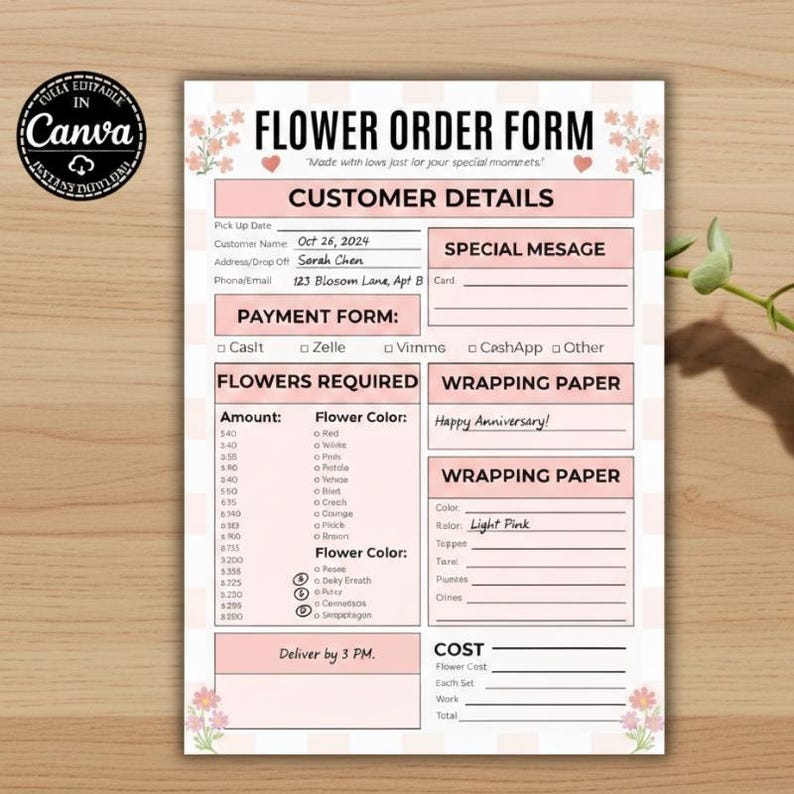 Editable Canva Flower Order Form Template, Florist Order Sheet, Bouquet ...