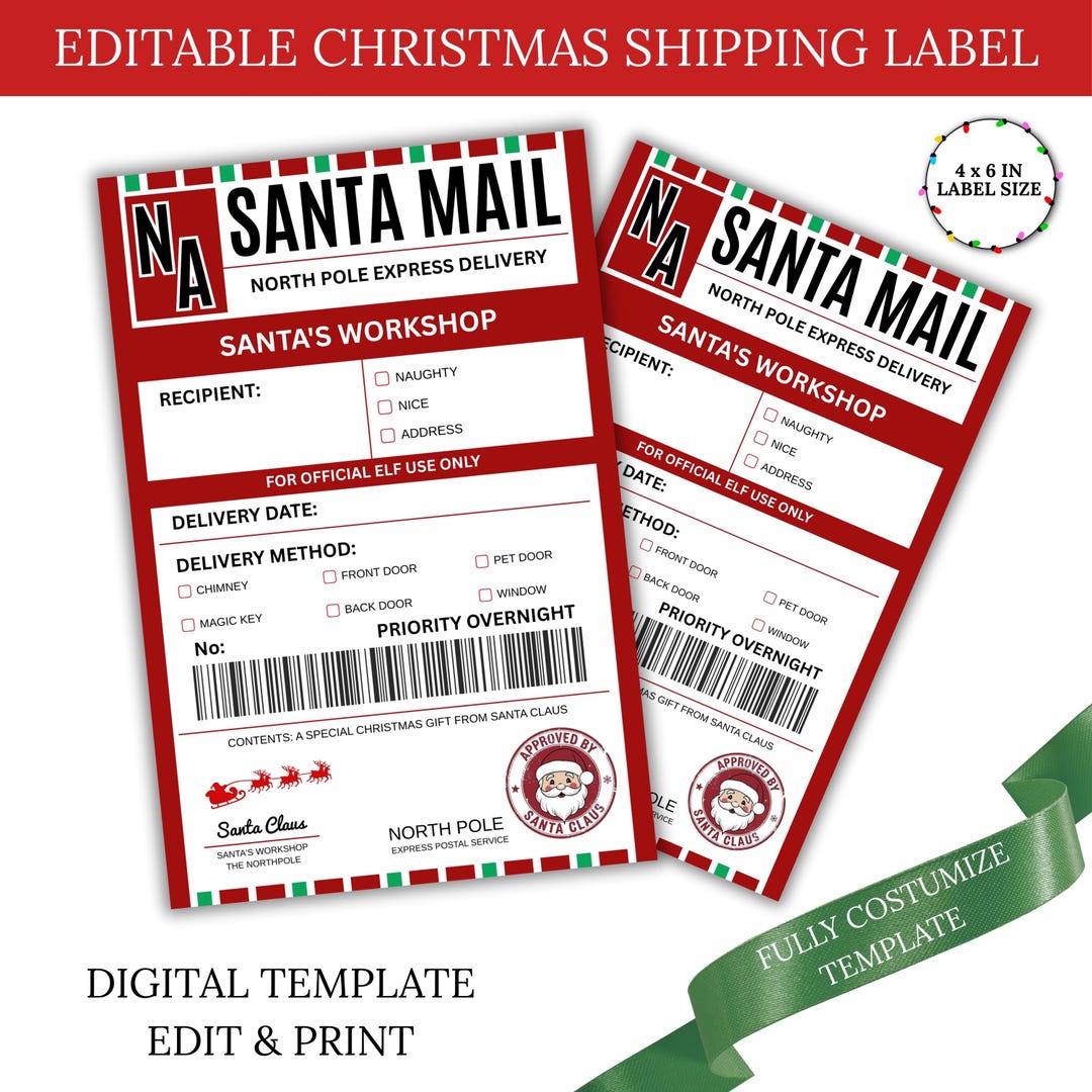Editable Santa Mail Labels Template, North Pole Delivery Stickers, Elf ...