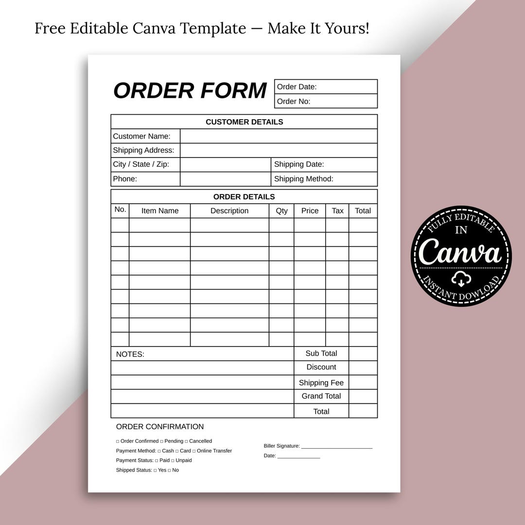 Order Form Template, Custom Order Sheet, Printable Business Order Form ...