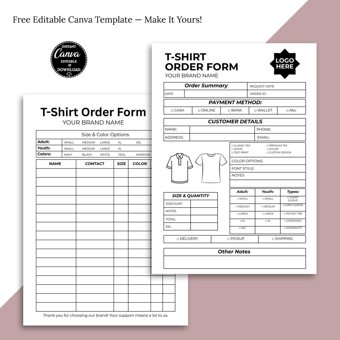 Customizable T-shirt Order Form Template, Editable Printable PDF for ...