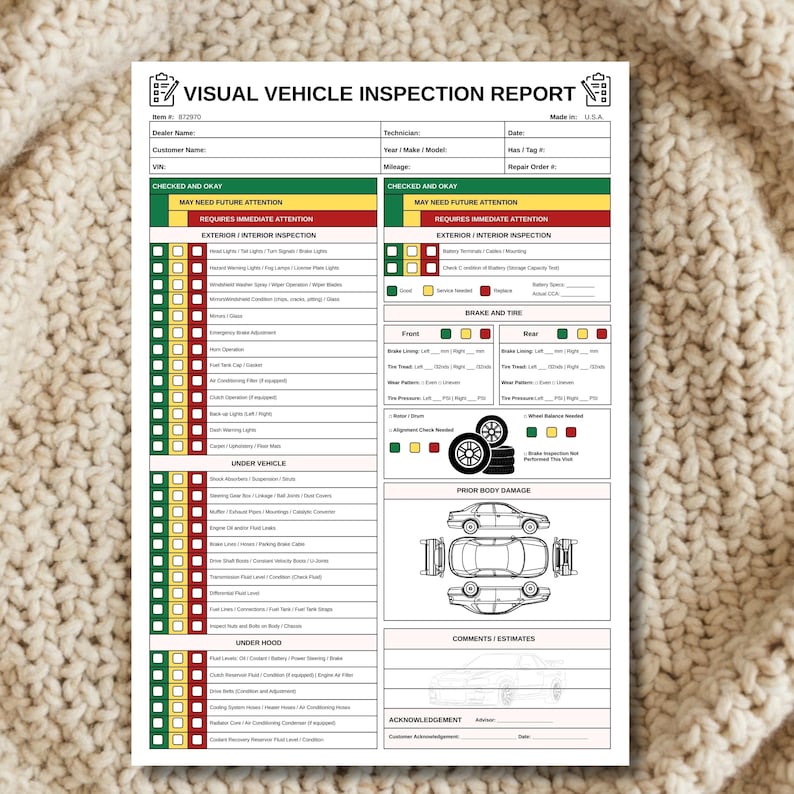 Vehicle Inspection Form Template Editable, Mechanic Checklist PDF, Auto ...