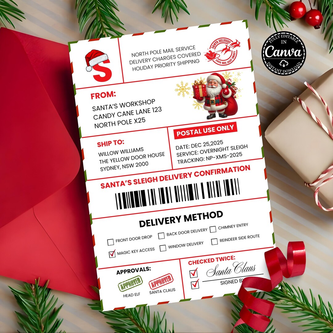 Santa Shipping Label Printable Template, Editable Christmas Elf Mail ...