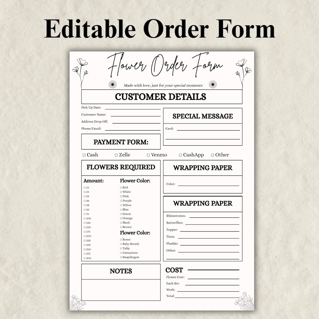 Editable Florist Order Form Canva Template, Printable Flower Shop Order ...