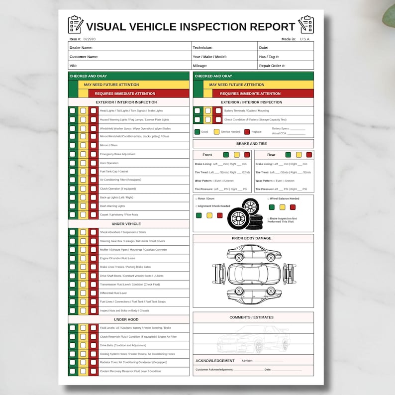 Vehicle Inspection Form Template Editable, Mechanic Checklist PDF, Auto ...