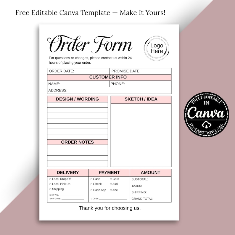 Editable Order Form Template for Small Business, Printable Custom Order ...