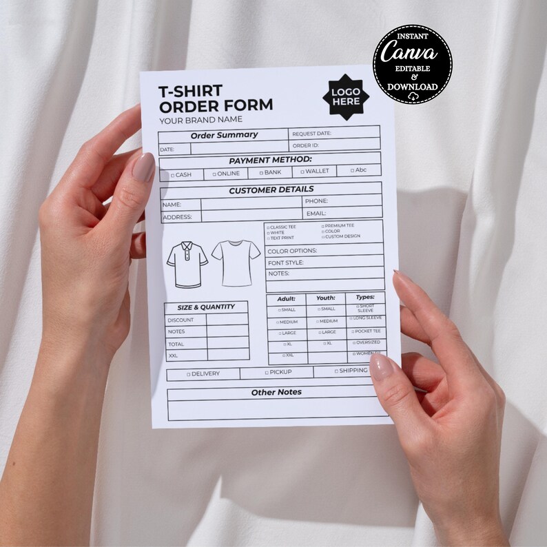 Customizable T-shirt Order Form Template, Editable Printable PDF for ...