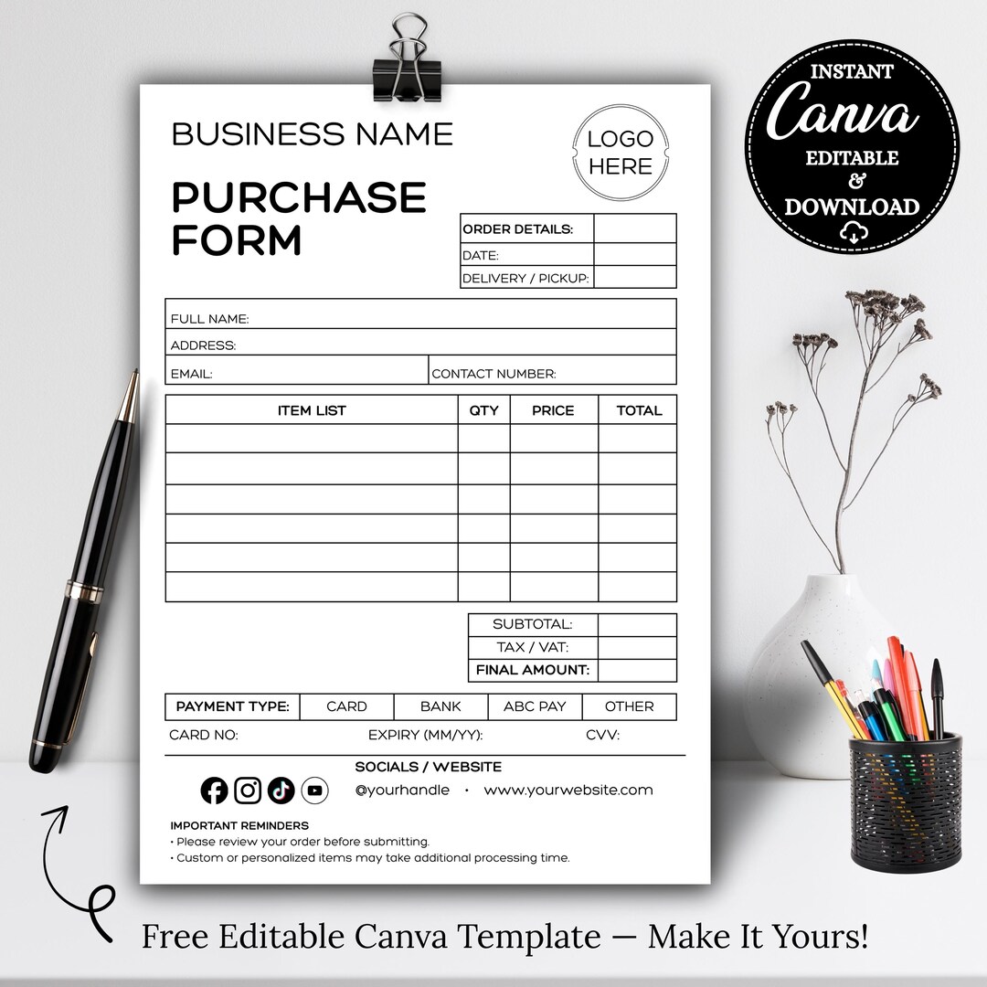 Editable Purchase Order Form: Printable Custom Sales & Receipt Order ...