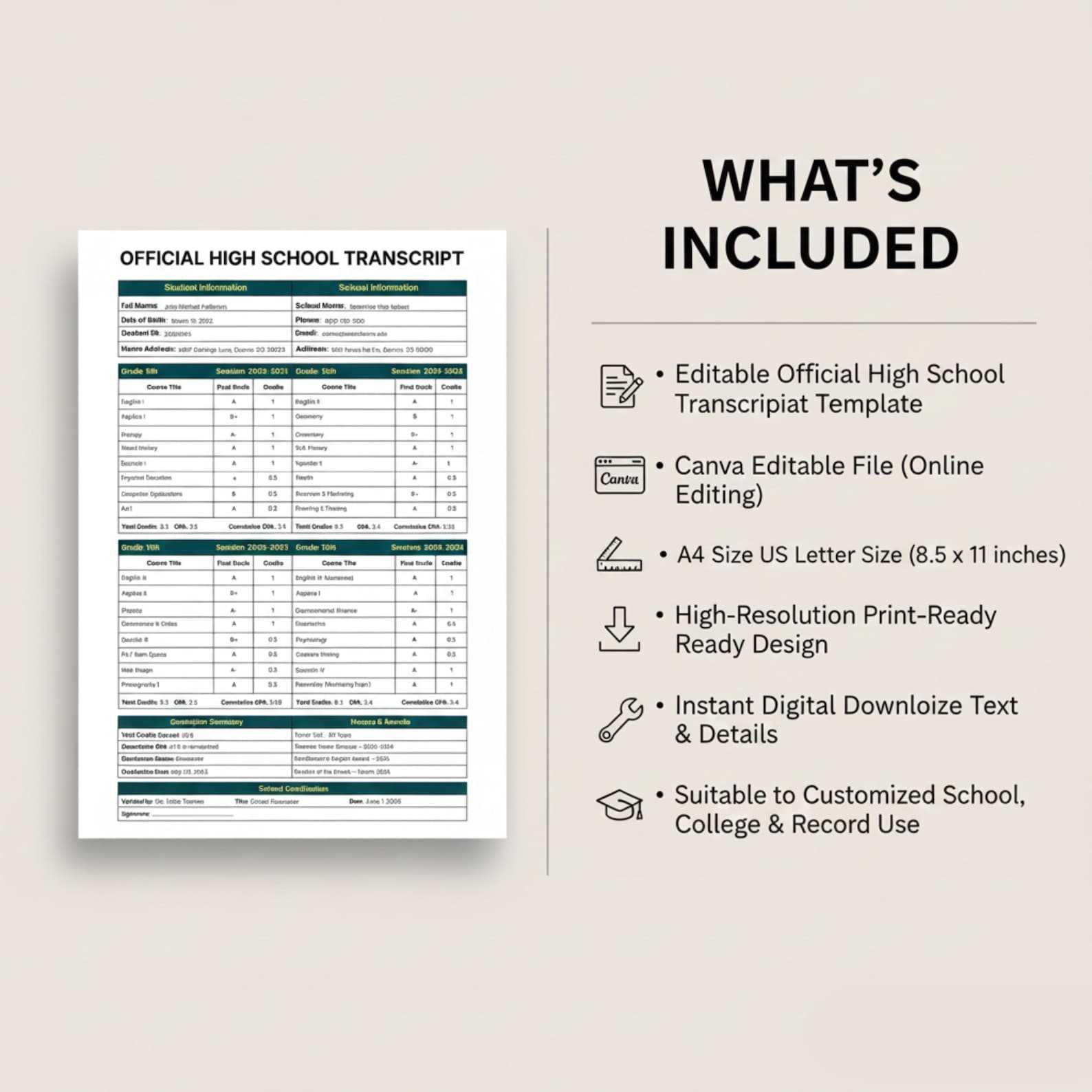 Official High School Transcript Template, Editable Student Grade Tracker, Canva Homeschool ...
